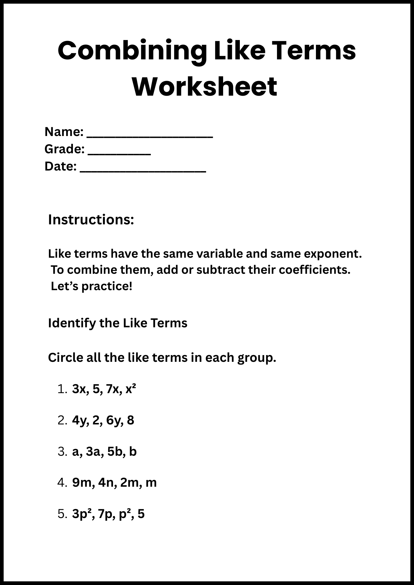 30+ Combining Like Terms Worksheet Samples to Download