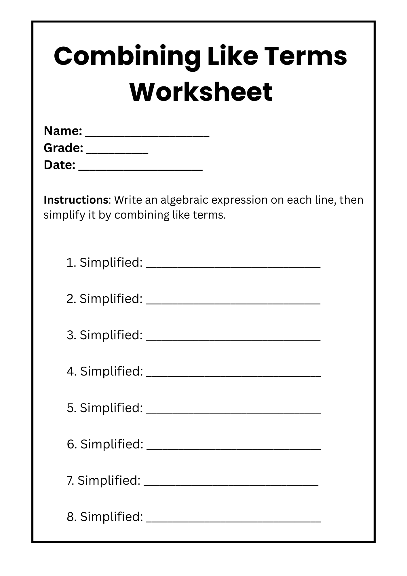 30+ Combining Like Terms Worksheet Samples to Download