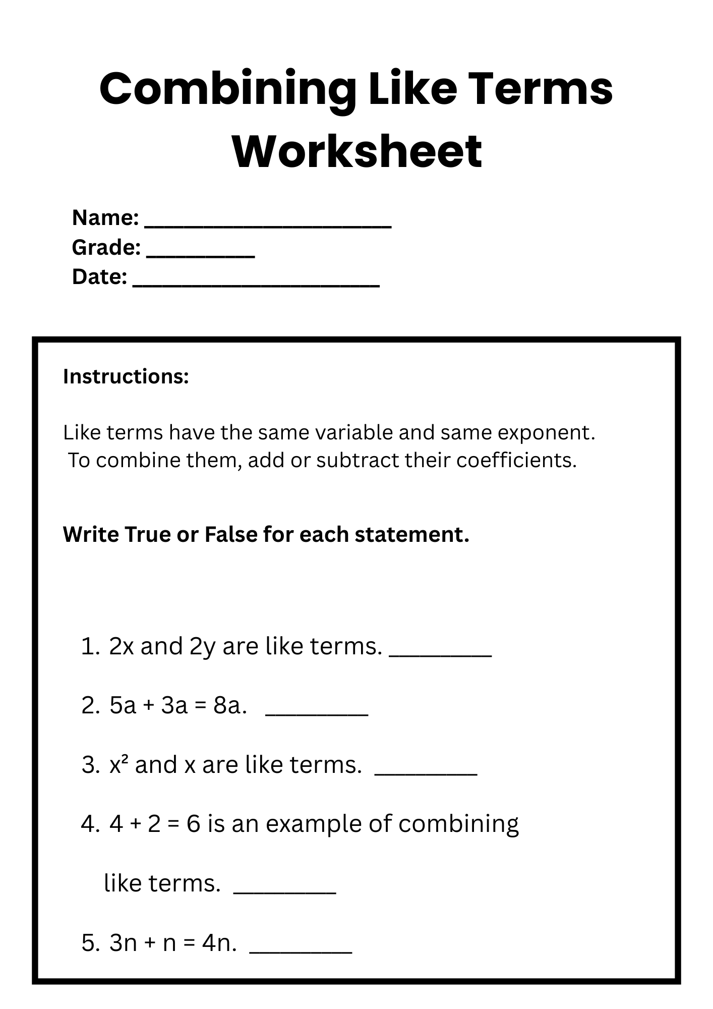30+ Combining Like Terms Worksheet Samples to Download