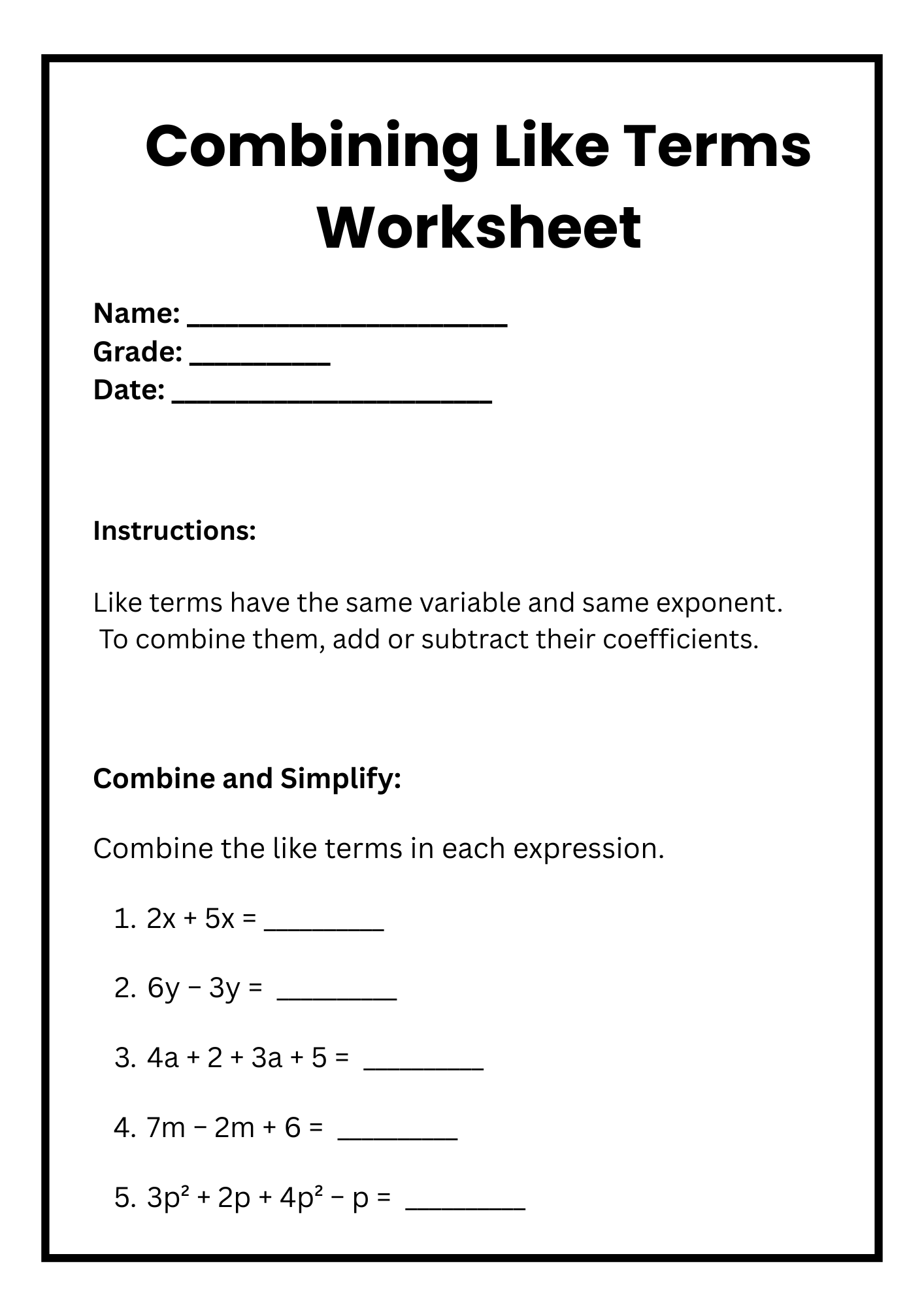 30+ Combining Like Terms Worksheet Samples to Download